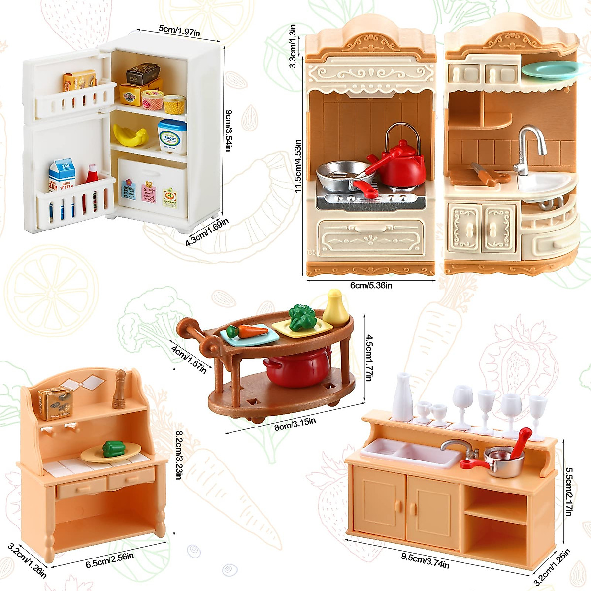Chivao 43 Pcs Dollhouse Furniture Kitchen Play Set Miniature Refrigerator with Mini Food Pots and Pans Set Pretend Play Kitchen Accessories Kitchen Toys