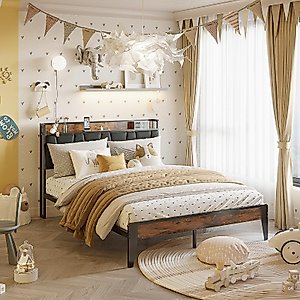 ClouDDwell Queen Size Bed Frame and Headboard with Charging Station, Queen Bed Frame with Storage, Heavy Duty Steel Support, No Box Spring Needed, Squeak Resistant, Rustic Brown and Grey
