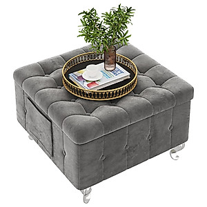 DKLGG Large Square Storage Ottoman Tufted, Oversized Ottoman Coffee Table for Living Room, Velvet Upholstered Ottoman with Storage, Grey Ottoman Bench for Bedroom