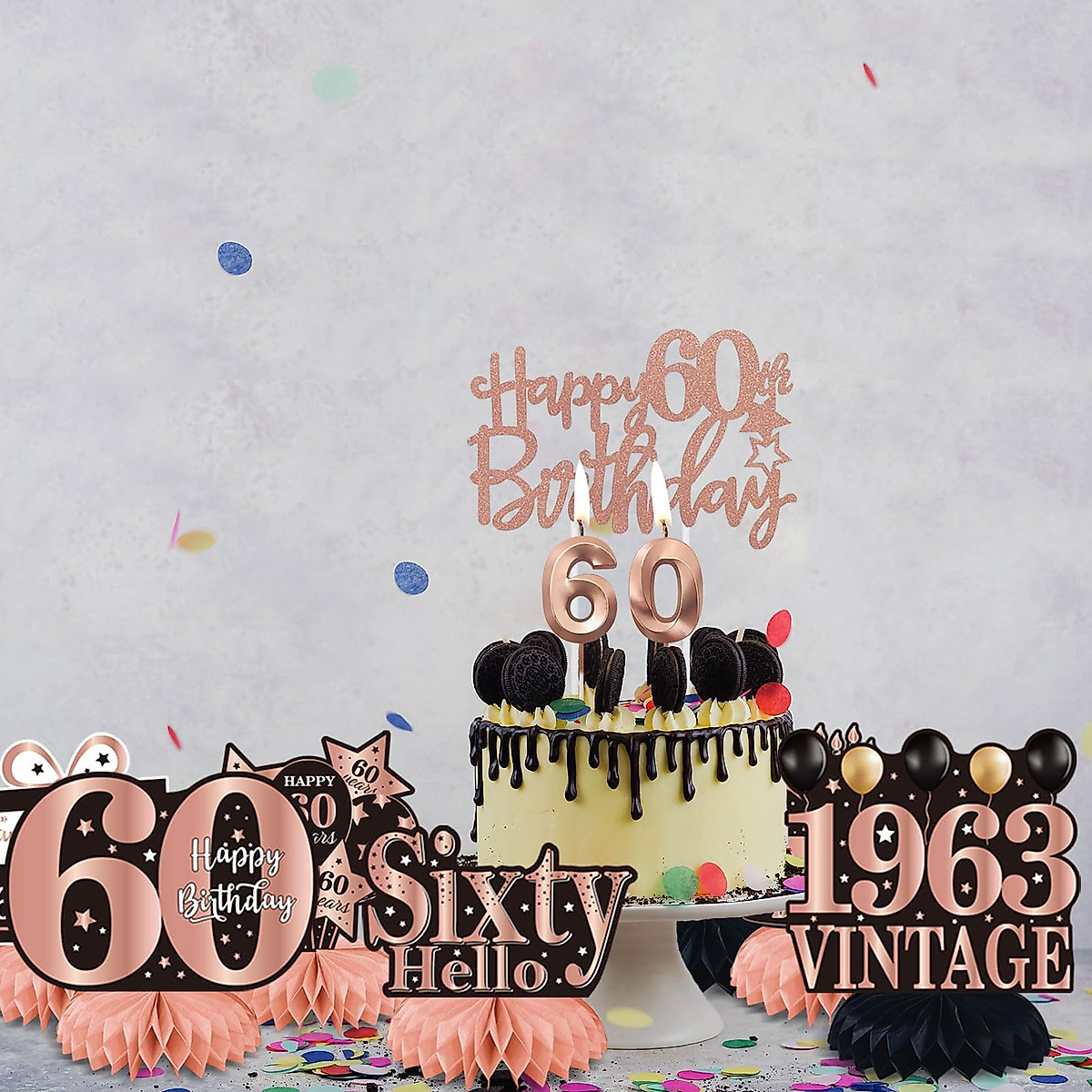 12Pcs 60th Birthday Decorations Women, Including 60th Birthday Honeycomb Centerpieces Decorations, Cake Topper and Candles, 1963 Birthday Table Sign Décor