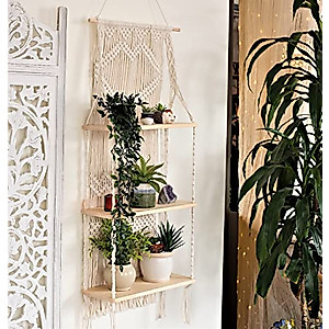 Macrame Wall Hanging Shelf-ideal décor-plants storage bookshelf-Bohemian Decorative Shelves-Boho Floating Indoor Shelving–For bedroom kitchen bathroom room with window Plant hanger 3 Tier Heart