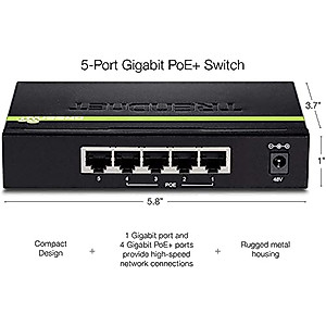 TRENDnet 5-Port Gigabit PoE+ Switch, 31 W PoE Budget, 10 Gbps Switching Capacity, Data & Power Through Ethernet to PoE Access Points and IP Cameras, Full & Half Duplex, Black, TPE-TG50g