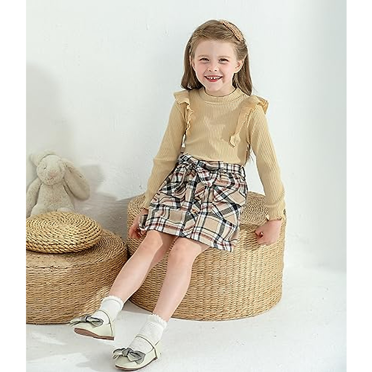 Weixinbuy 4t Girl Clothes Toddler Girl Clothes Fall Outfits Long Sleeve Turtleneck Knitted Sweater Top Plaid Mini Skirts Set Khaki 4-5T
