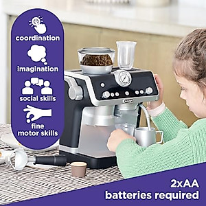Casdon De'Longhi Toys Barista Coffee Machine. Toy Kitchen Playset for Kids with Moving Parts, Realistic Sounds and Magic Coffee Reveal. For Children Aged 3+, Silver, Black