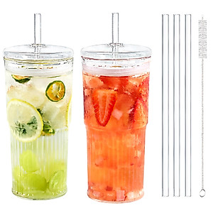 Puraville 2 Pack 20oz Glass Cups with Lids and Straws, Mason Jar Drinking Glasses Iced Coffee Cup, Glass Tumbler Smoothie Cup for Long Drinks