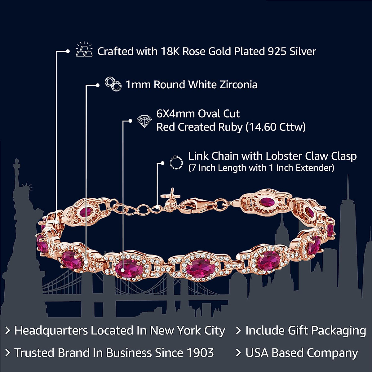 Gem Stone King 18K Rose Gold Plated Silver Red Created Ruby Tennis Bracelet For Women (14.60 Cttw, Oval 6X4MM, 7 Inch, With 1 Inch Extender)
