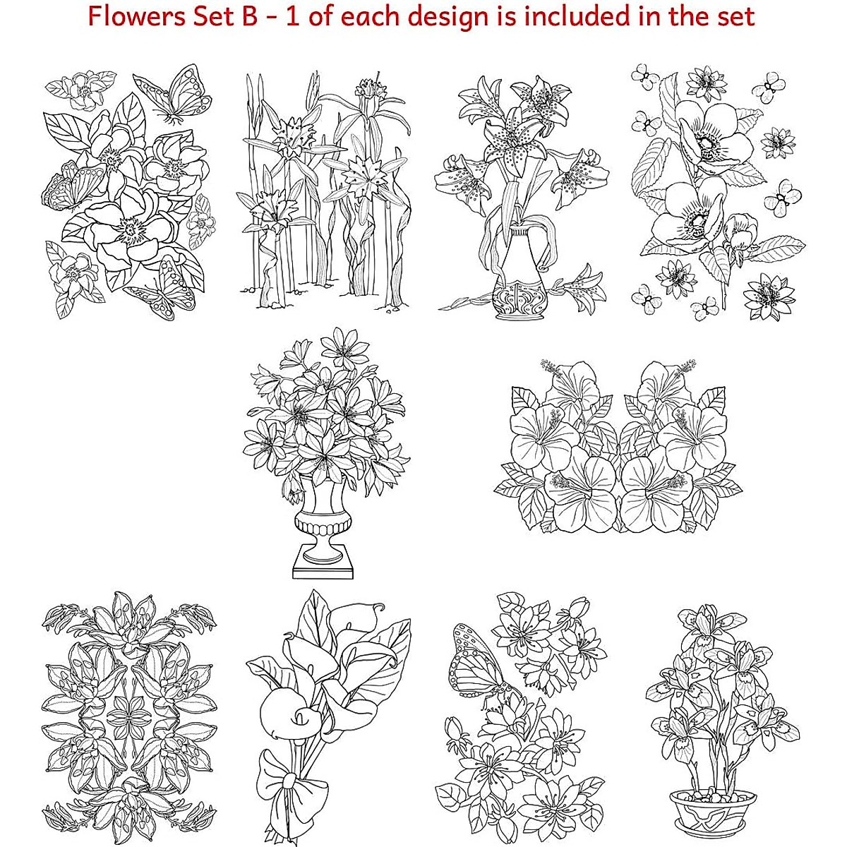 Art Eclect Adult Coloring Flower Greeting Cards for Birthdays, Anniversary, Thank You and Sympathy Cards (10 Cards and 10 Envelopes, Set Flowers B/Pink)