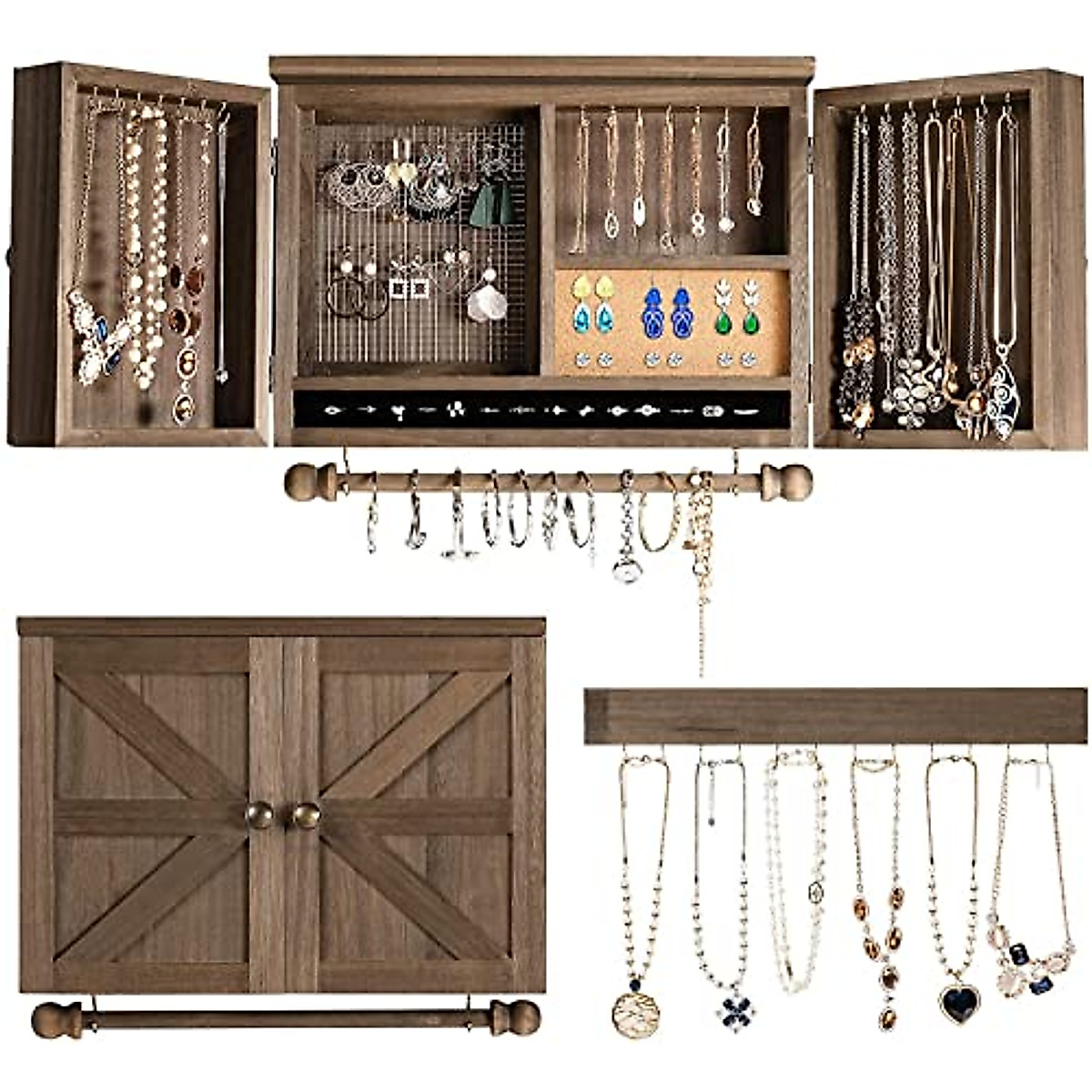 FANTASK Rustic Wall Mounted Jewelry Organizer Cabinet, Wooden Hanging Jewelry Holder Box w/Barndoor, Removable Bracelets Rod, Hooks Shelf, Removable Bracelet Rod & Hook Organizer for Hanging Jewelry
