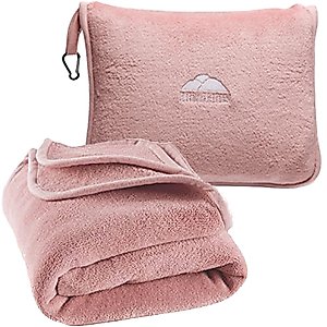 BlueHills Premium Soft Long Travel Blanket Pillow for Tall Airplane Flight Blanket 70 X48 inch Throw in Soft Bag case with Hand Luggage Belt & Backpack Clip Compact Pack Large Pink T055
