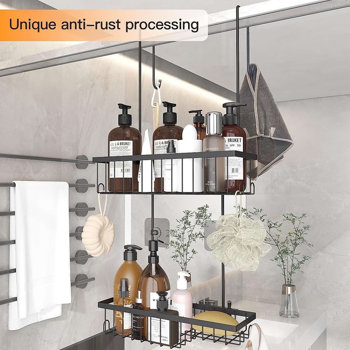 Fixwal Hanging Shower Caddy Over the Door with Soap Holder, No Drilling Adhesive Bathroom Storage Organizer Rack with 10 Hooks Hanging Shelf Basket Rustproof Waterproof Anti-Swing, 2 Tiers