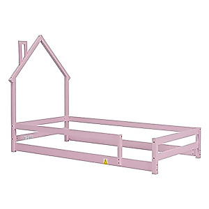 Twin Size Platform Bed, Wooden Platform Bed Frame with House-Shaped Headboard, Floor Bed with Fences for Kids Boys Girls Bedroom (Pink 01)