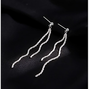Reffeer Solid 925 Sterling Silver Tassel Chain Dangle Earrings for Women Long Dangle Earrings Drops Minimalist (A-Silver)