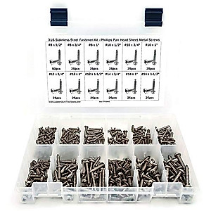 316 Stainless Steel Phillips Pan Head Sheet Metal Screw Assortment Kit Sizes #8 Through #14-326 Pieces