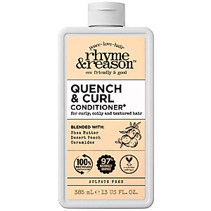 RR Hair Rhyme & Reason Quench and Curl Shampoo Conditioner Set. 13 Fl Oz Bottles. For Curly, Coily, Textured Hair. Blended with Shea Butter, Desert Peach Ceramides. Vegan, Sulfate Cruelty Free.