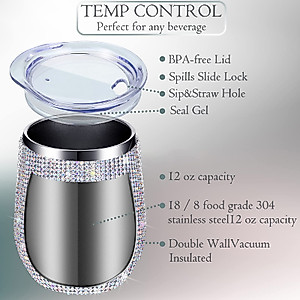 Bling Water Bottle Bling Wine Tumbler Diamond Tumbler Rhinestone for Glitter Wine Glass Tumbler Girls Trip Cups, Straw, Straw Brush and Cup Brush for Wine Coffee Cocktails Champaign (AB Color, 1 Set)