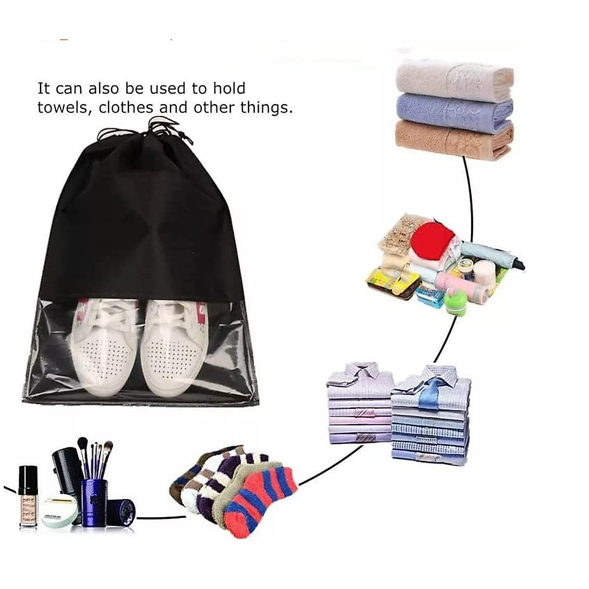 10 Pack 5 Size Handbag Storage Organizer,Purse Cover Hanging Closet Organizer, Space Saver Storage with Viewable Window, Reusable Shoe Bags for Travel, Drawstring Bag for School Trip (Black)