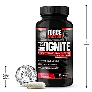 FORCE FACTOR Test X180 Ignite Testosterone Booster for Men, Testosterone Support Supplement to Help Burn Fat, Boost Vitality, and Increase Energy, 60 Capsules