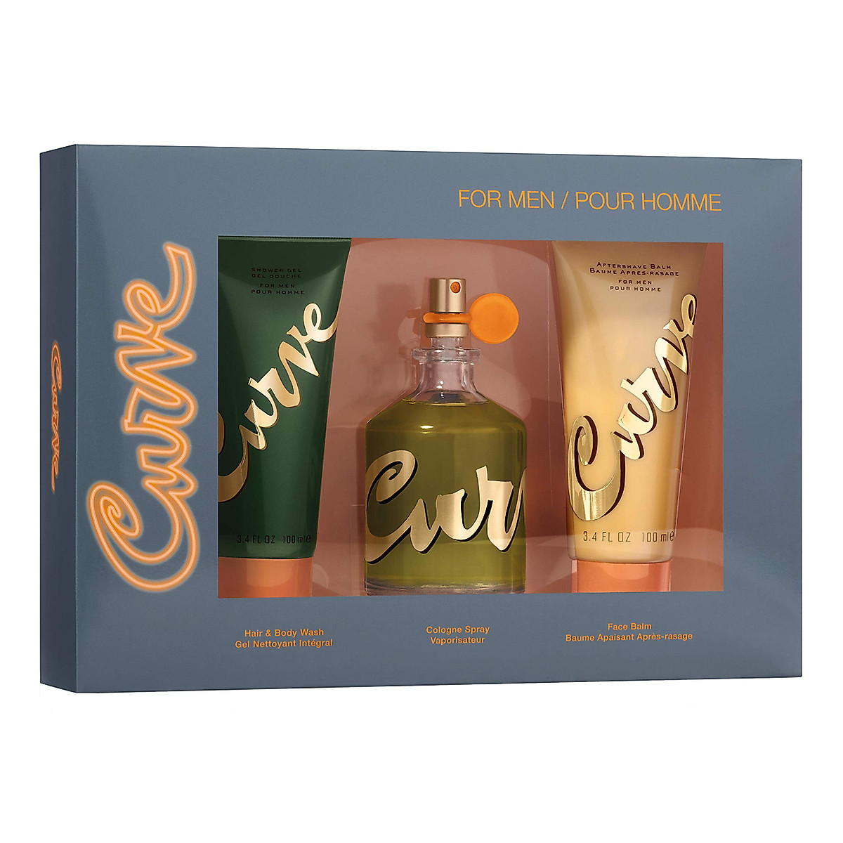 Curve Men's Cologne Gift Set, 3 Pieces Include 4.2 Fl Oz Cologne, Hair and Body Wash, and Face Balm