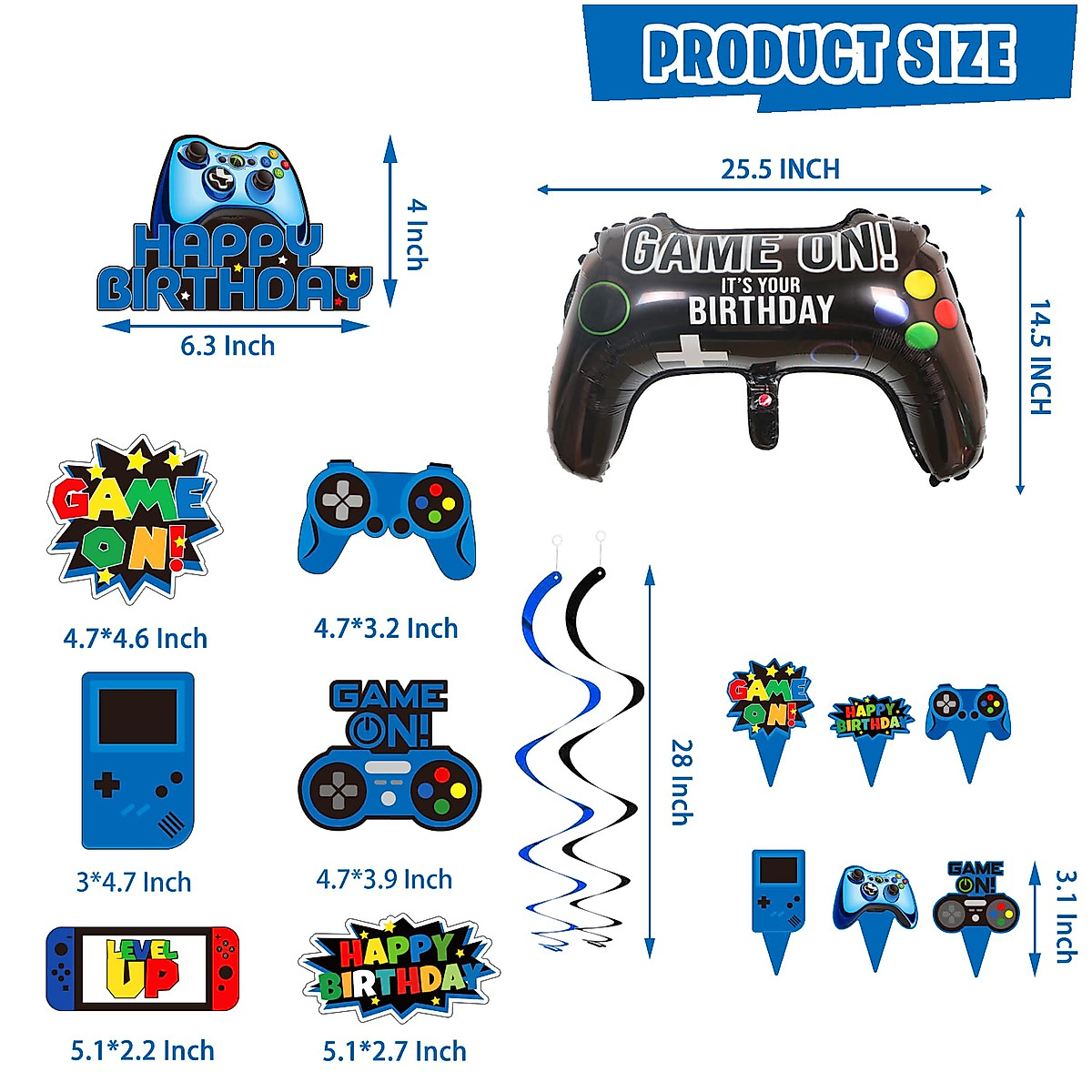 KimaruLZ Video Game Birthday Party Decorations - 109Pcs Gamer Gaming Party Supplies For Boys Birthday Party - Happy Birthday Backdrop, Table Cover, Hanging Swirls, Cupcake Cake Topper, Balloons