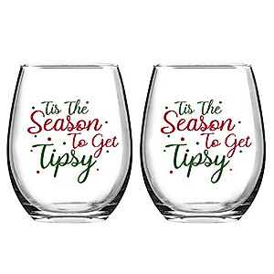 Tis the Season to Get Tipsy Christmas Stemless Wine Glass, Set of 2 Christmas Wine Glasses Funny Christmas Holiday Wedding Gifts for Women Friends Men family Wino, 15 Oz