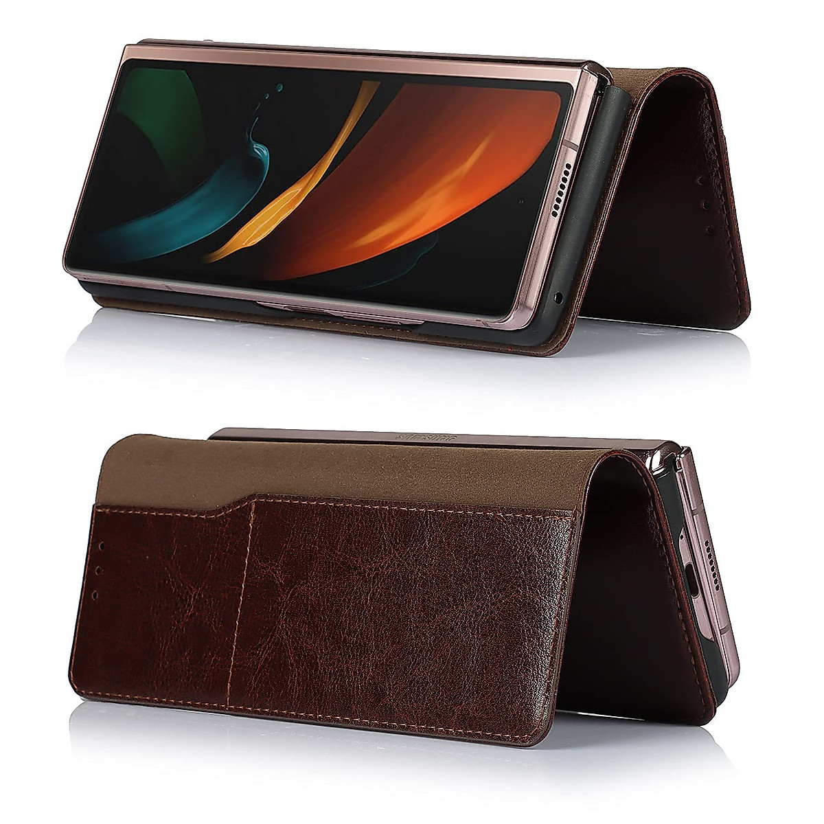 Jaorty Compatible with Samsung Galaxy Z Fold 2 5G Wallet Case,Stand Feature Cowhide Genuine Leather Credit Card Holder Coin Slot Cover Case for Samsung Galaxy Z Fold 2 5G,Dark Brown