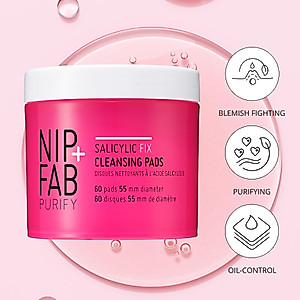 Nip + Fab Salicyclic Fix Night Pads for Face with Hyaluronic Acid, Exfoliating Facial Pad BHA Exfoliant for Skin Hydration Acne Breakouts and Blemishes, 60 Pads, 2.7 Ounce