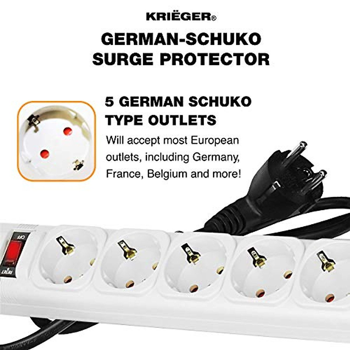 KRIËGER Electric German-Spanish Surge Protector Model KRE5 250 Joules 220V, 5 outlets