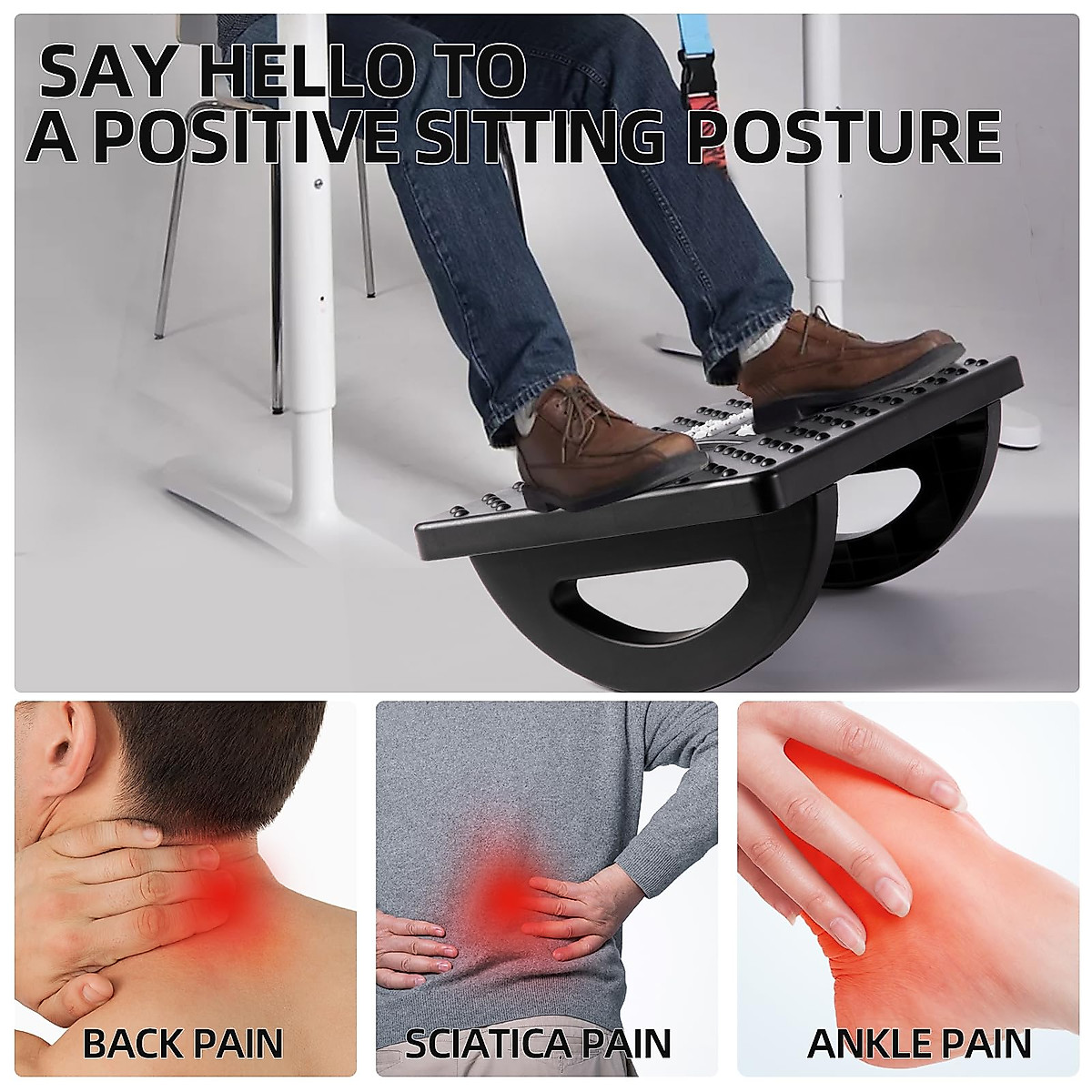 Foot Rest Under Desk at Work, Rocking Foot Nursing Stool, Ergonomic Desk Footrest with Roller Massage for Pressure Relief, Rocker Balance Board Comfortable Leg Rest for Office & Home (Black)