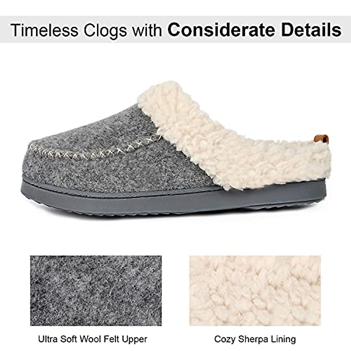 LongBay Women's Wool Felt Sherpa Memory Foam Slippers with Plush Fleece Lining Slip on Moc Clogs Indoor Or Outdoor (X-Large / 11-12, Gray)