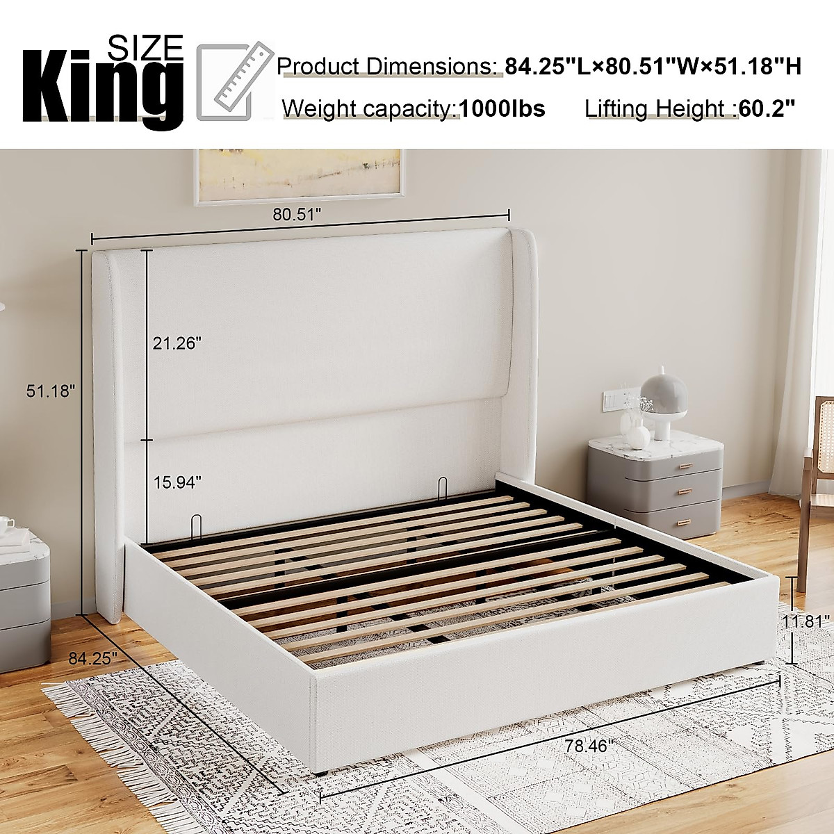 Jocisland King Size Bed Frame with Storage Upholstered Lift Storage Bed Linen Platform Bed with Wingback Headboard/Hydraulic Storage/No Box Spring Needed/Wood Slats Support/White
