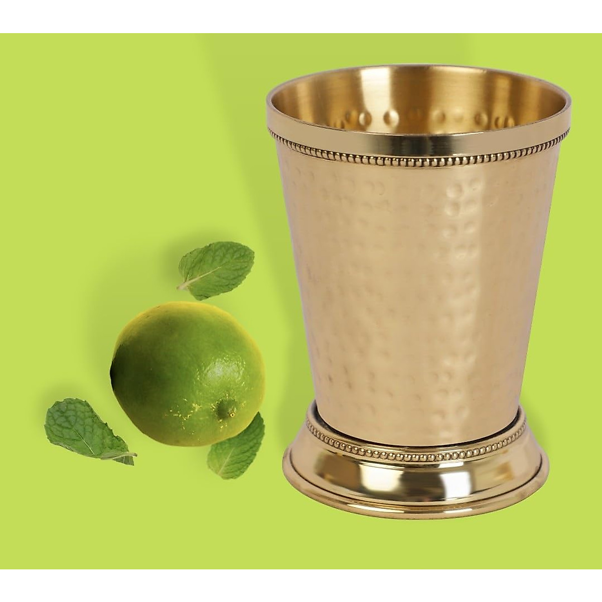HANDTECHINDIA Mint Julep Cups For Bourbon Cocktail Moscow Mule Kentucky Derby Classic Beaded Trim Border Made by Soild Brass Capacity-12 Ounce (Hammered, 2)