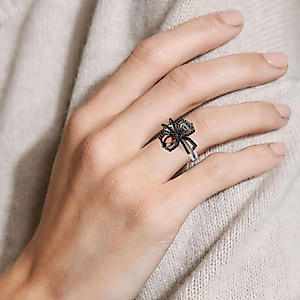 Jeulia Spider Skull Biker Black Ring Women Men Halloween Tone Pear Cut Sterling Silver Red Diamond Band Rings Black Plated Promise Rings with Jewelry Gift Box for Men(Black, 11)