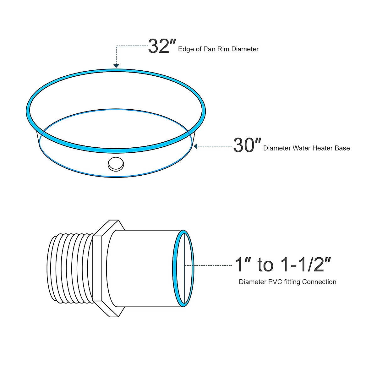 Everflow AWHP30 Aluminum Water Heater Drain Pan with 1 in. - 1-1/2 in. PVC Fitting, 30 in. Diameter Chrome