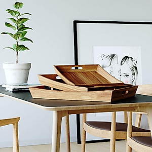 Rustic Wood Serving Tray Set of 3 - Large Serving Tray with Handles - Wood Tray - Coffee Table Tray - Food Tray - Wooden Tray - Ottoman Tray Large Great for Coffee & Food (Acacia Wood Trays)