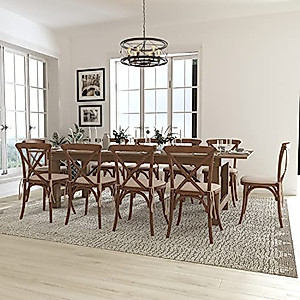 Flash Furniture HERCULES Series 9' x 40'' Antique Rustic Folding Farm Table Set with 10 Cross Back Chairs and Cushions