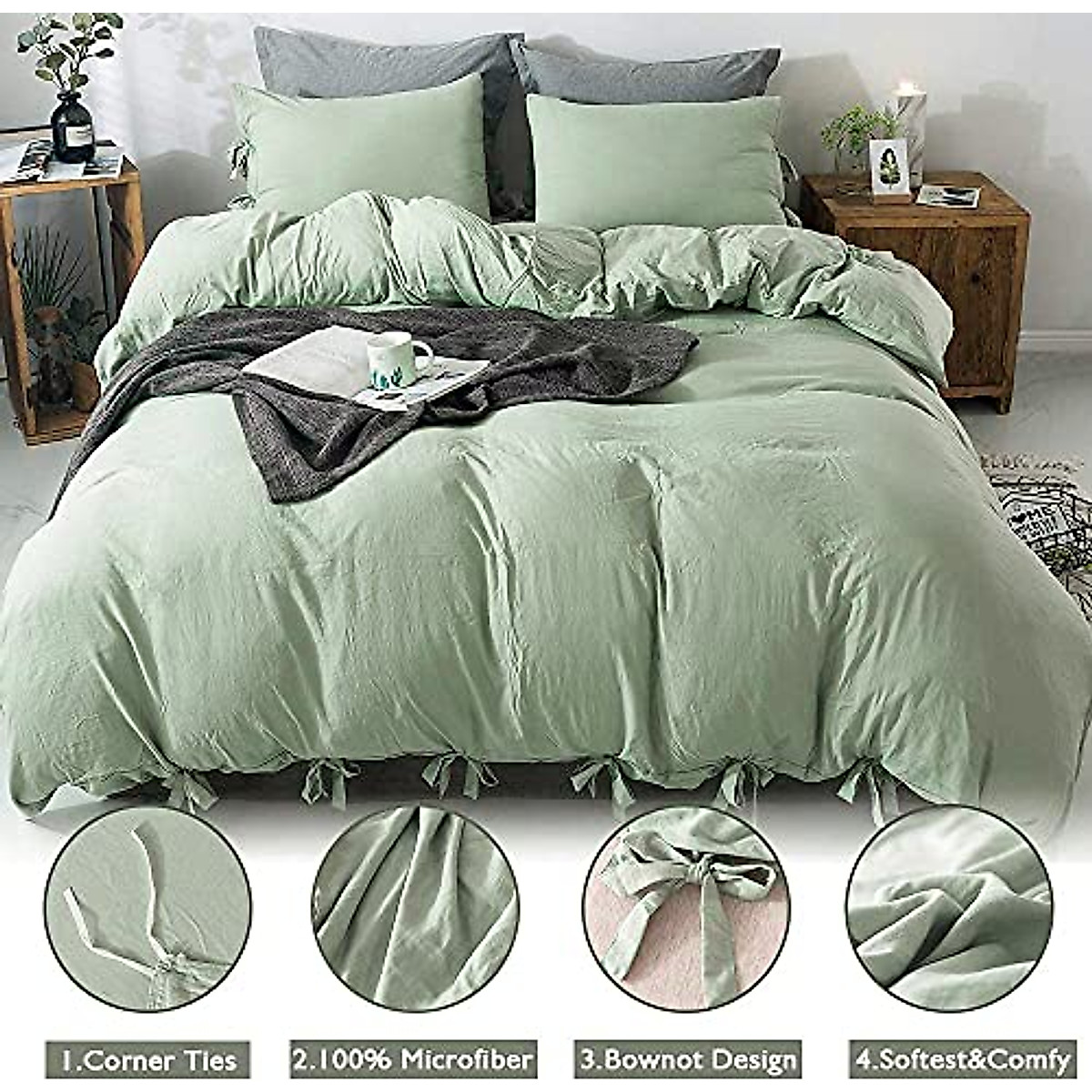 annadaif Green Duvet Cover Queen Size, 3 Pieces Soft Washed Microfiber Duvet Cover Set, Comforter Cover with Bowknot Bow Tie (1 Duvet Cover 90x90 Inch, 2 Pillowcases) Easy Care Bedding Set
