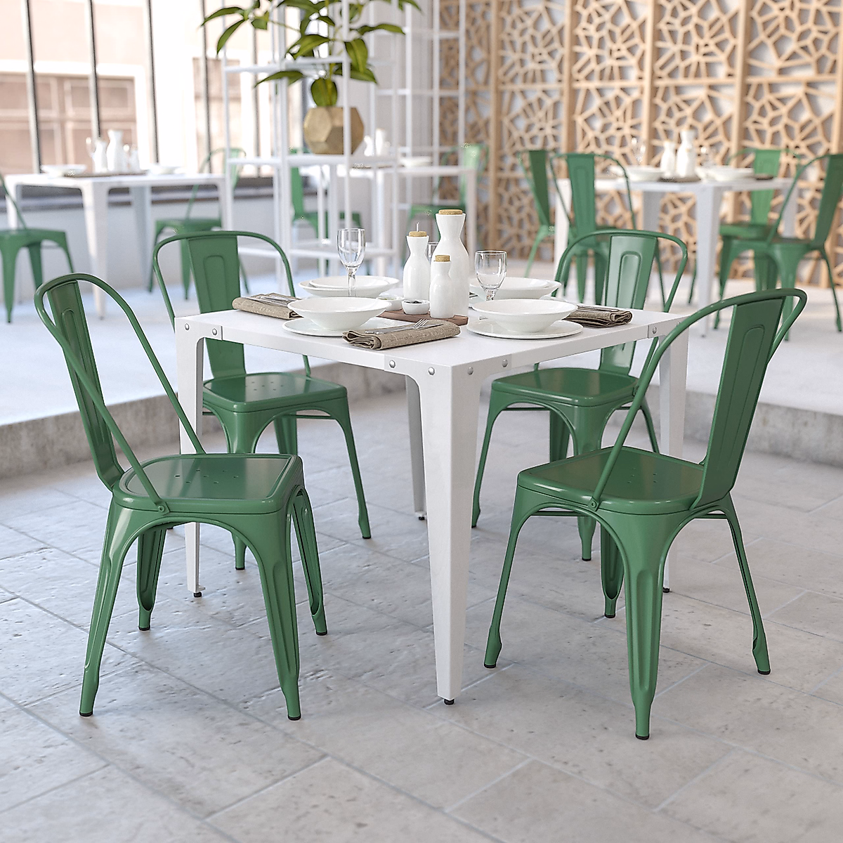 EMMA + OLIVER 4 Pack Green Metal Indoor-Outdoor Stackable Chair - Restaurant Chair - Bistro Chair