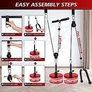 Concho Cable Pulley System Gym, Upgraded Weight Pulley System with 3 Detachable Handles, LAT and Lift Pulley Attachments for Biceps Curl, Triceps, Chest Workout - DIY Home Gym Fitness Equipment