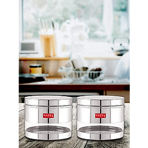 HAZEL Stainless Steel Containers Set For Kitchen Storage Glossy Finish Transparent See Through Storage Jars Dabba, Set of 2, 1500 ML Each, Silver