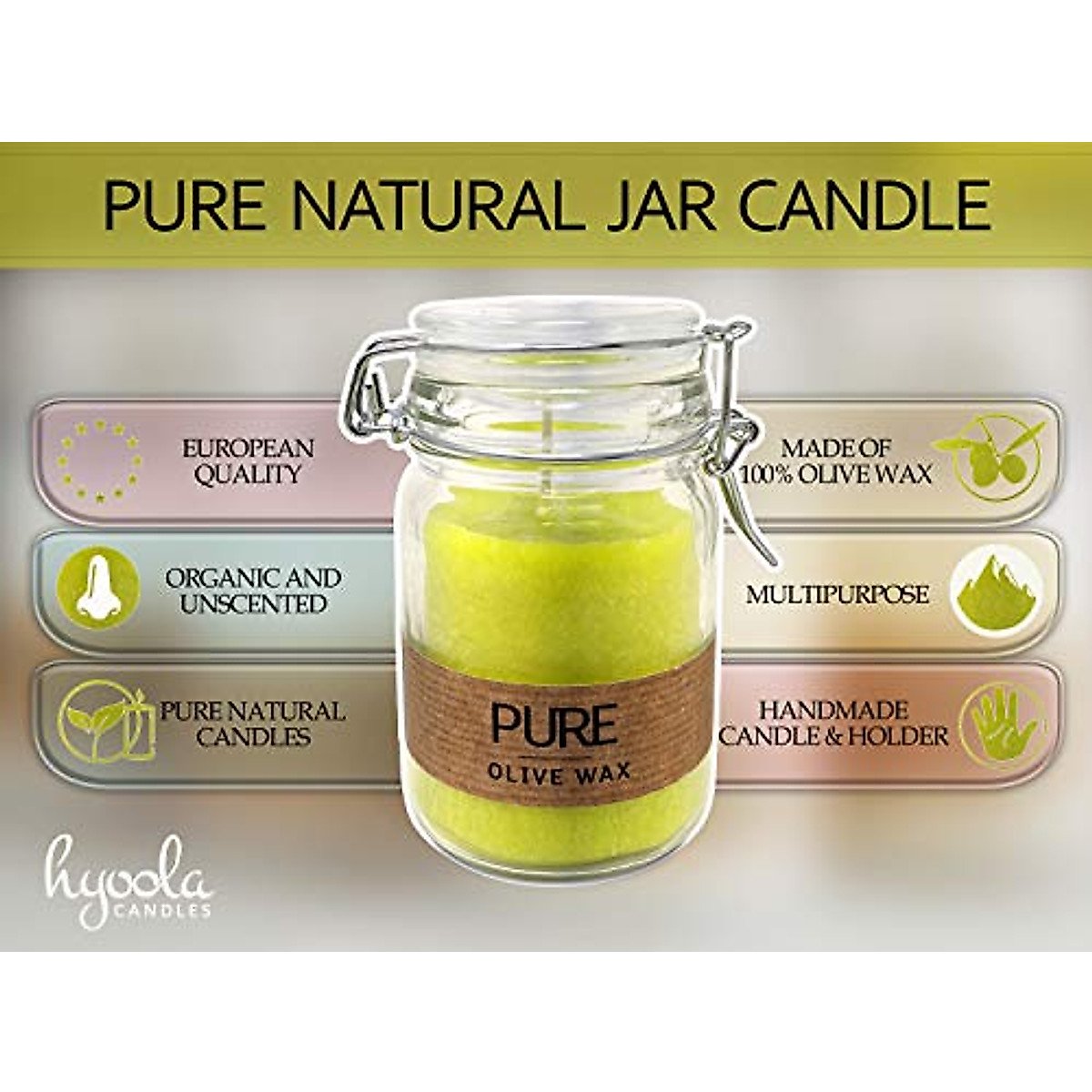 HYOOLA Pure Natural Jar Candles - 100% Olive Wax Candles in Glass - Paraffin Free Vegan Candle - Lime Green