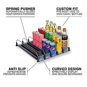 Drink Beverage Organizer, Automatic Self-Pusher Glide, Fridge Beverage Organizer, Adjustable Width, Soda Can Water Beer Bottle Dispenser, 12oz 16oz 20oz, Home Kitchen, Commercial Refrigerator (Black)