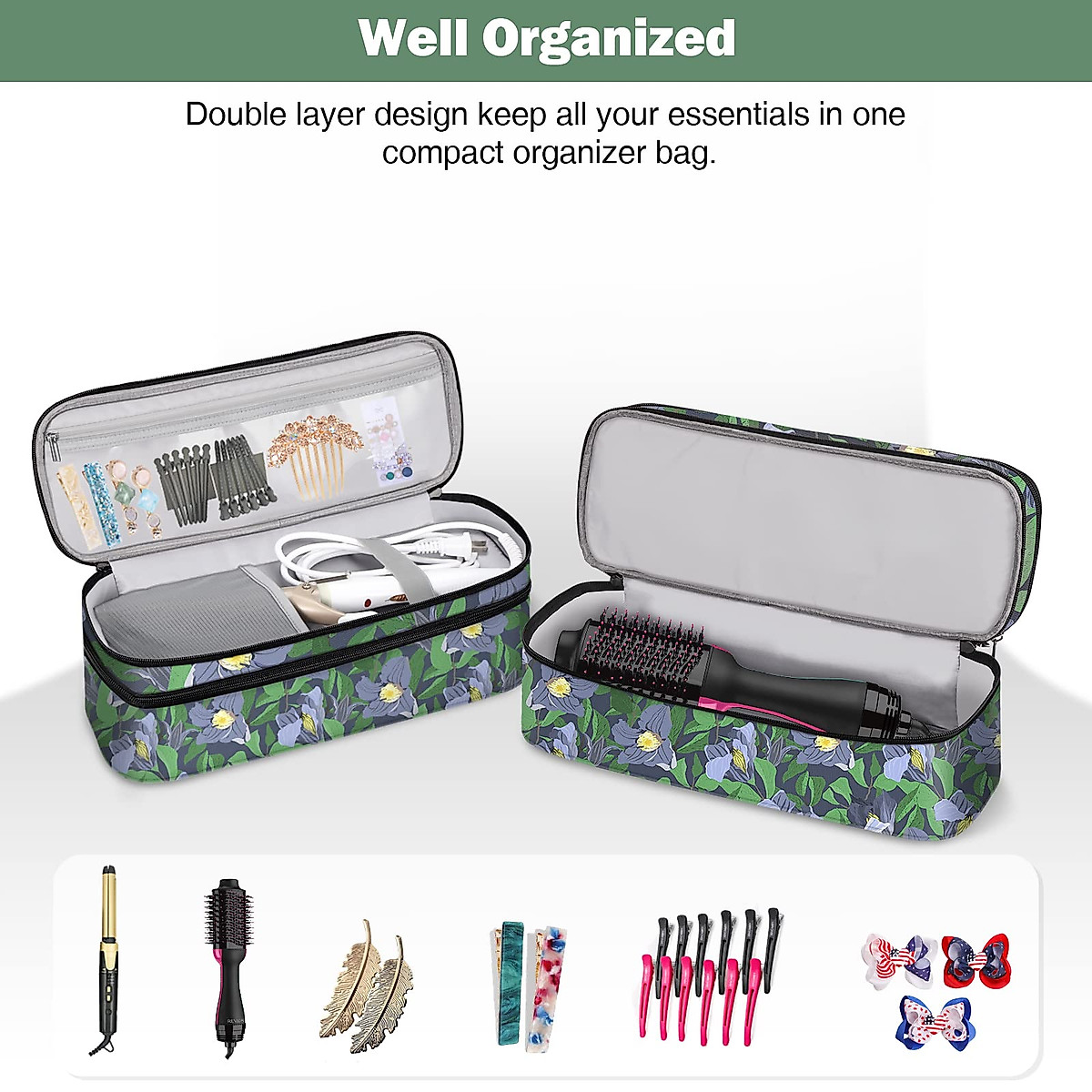 SITHON Double-Layer Travel Carrying Case for Shark FlexStyle/SmoothStyle, Water Resistant Storage Organizer Bag for Airwrap Styler, Also for Revlon One-Step Hair Dryer (Bag Only) (Blue Floral)