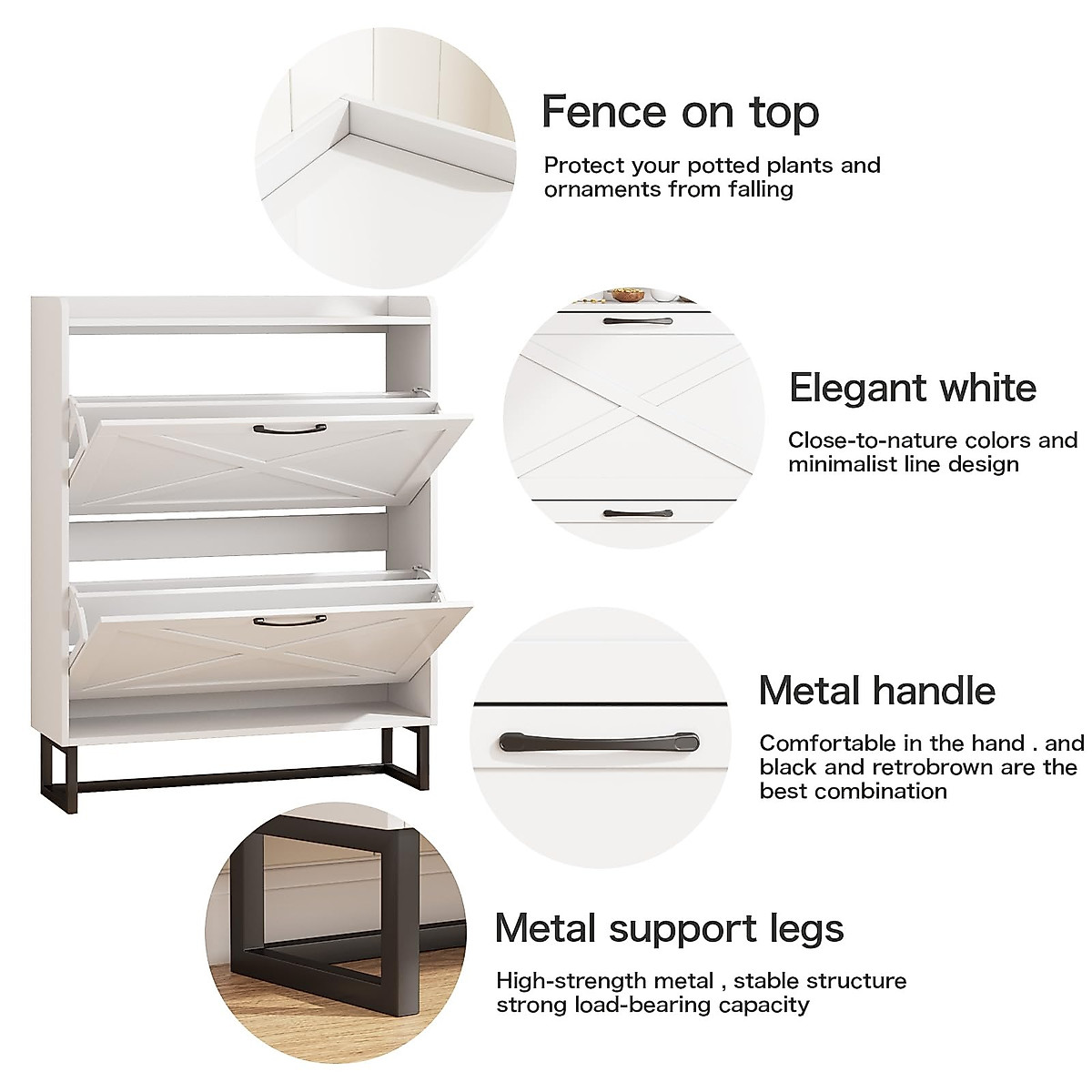 Maupvit Shoe Cabinet with 2 Flip Drawers, Freestanding Shoe Cabinet Organizer with Metal Legs, Shoes Storage Cabinet for Entryway, Narrow Shoe Rack Cabinet, White