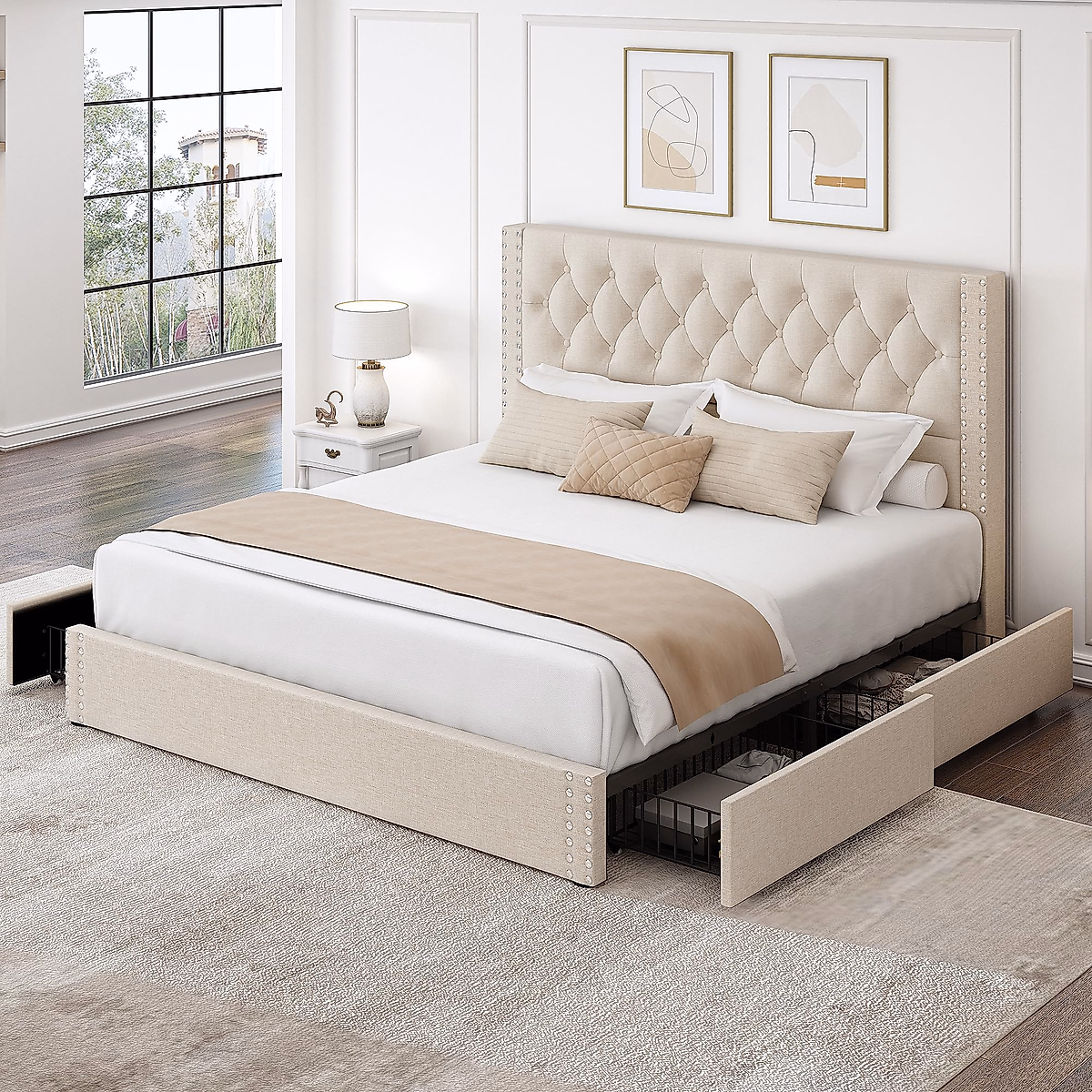 LARMACE King Size Platform Bed Frame with 4 Storage Drawers and Headboard Linen Upholstered Bed Frame Tufted Beds with Wood Slats Support, Easy Assembly, Noise-Free, Beige