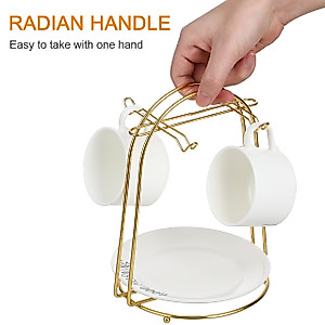 jojofuny Golden Metal Tea Mugs Display Stand 4 Hook European Style Cups Holder Tree Wrought Iron Saucer Organizer Rack for Coffee Home Jewelry Entryway Key Bar Accessories