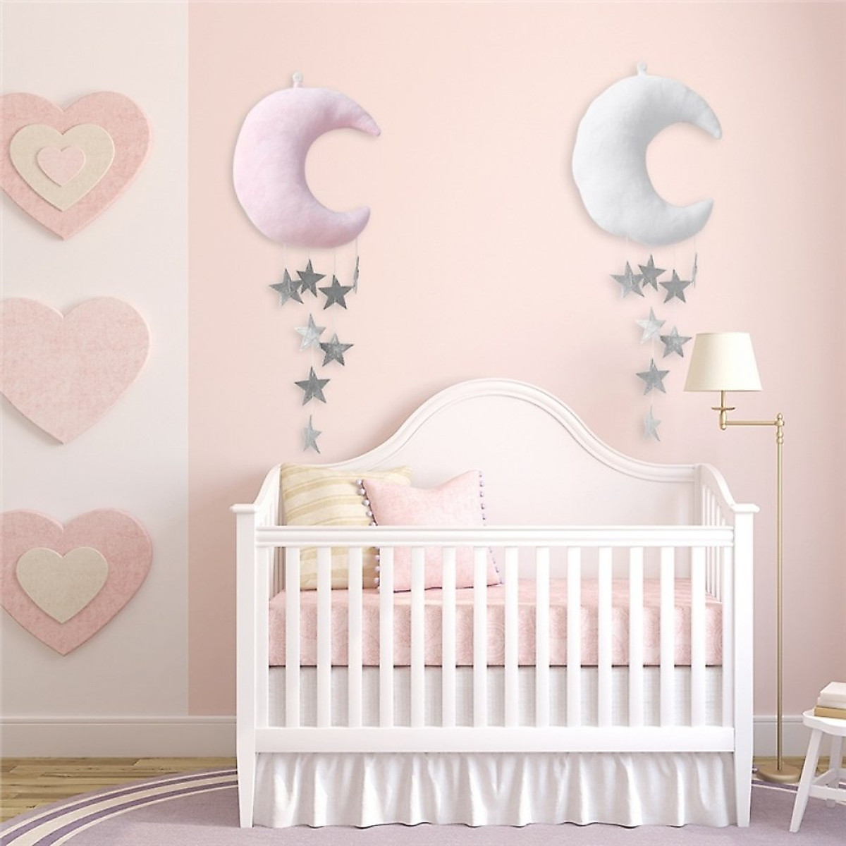 Braceus Wall Backdrop Children Room Hanging Moon Stars Stuffed Decor for Baby Bedroom (Pink + Silver)