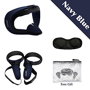 Amaz247 Silicone Anti-Leakage Face Cushion Mask, Protective Lens Cover, Controller Grip Cover with VelcroStraps for Oculus Quest VR Headset (Navy Blue), NOT FIT Oculus Quest 2
