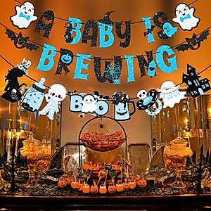 Halloween A Baby Is Brewing Banner Halloween Baby Shower Party Decorations 3pcs Blue and Black A Baby Is Brewing Banners for Boy Halloween Party Spooky Ghost Boo Theme Party Pumpkin Bat Witch Theme Baby Shower Supplies