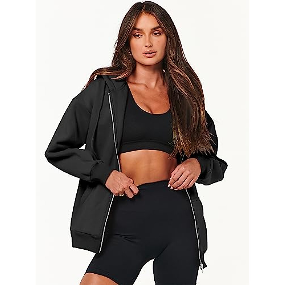 Prinbara Women's Sweater Trendy Hoodies Cute Jacket Casual Long Sleeve Fleece Sweatshirts Zip Up Y2k Clothes Teen Girl Tops 9PA89-heise-XS Black