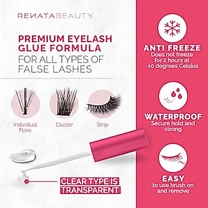Renata Beauty Lash Glue for False Eyelash Extensions – 24 Hour Transparent Glue for False Lashes – Waterproof Cluster Lash Glue with Dual Function Flexible Brush Tube – Compatible with Glue Remover
